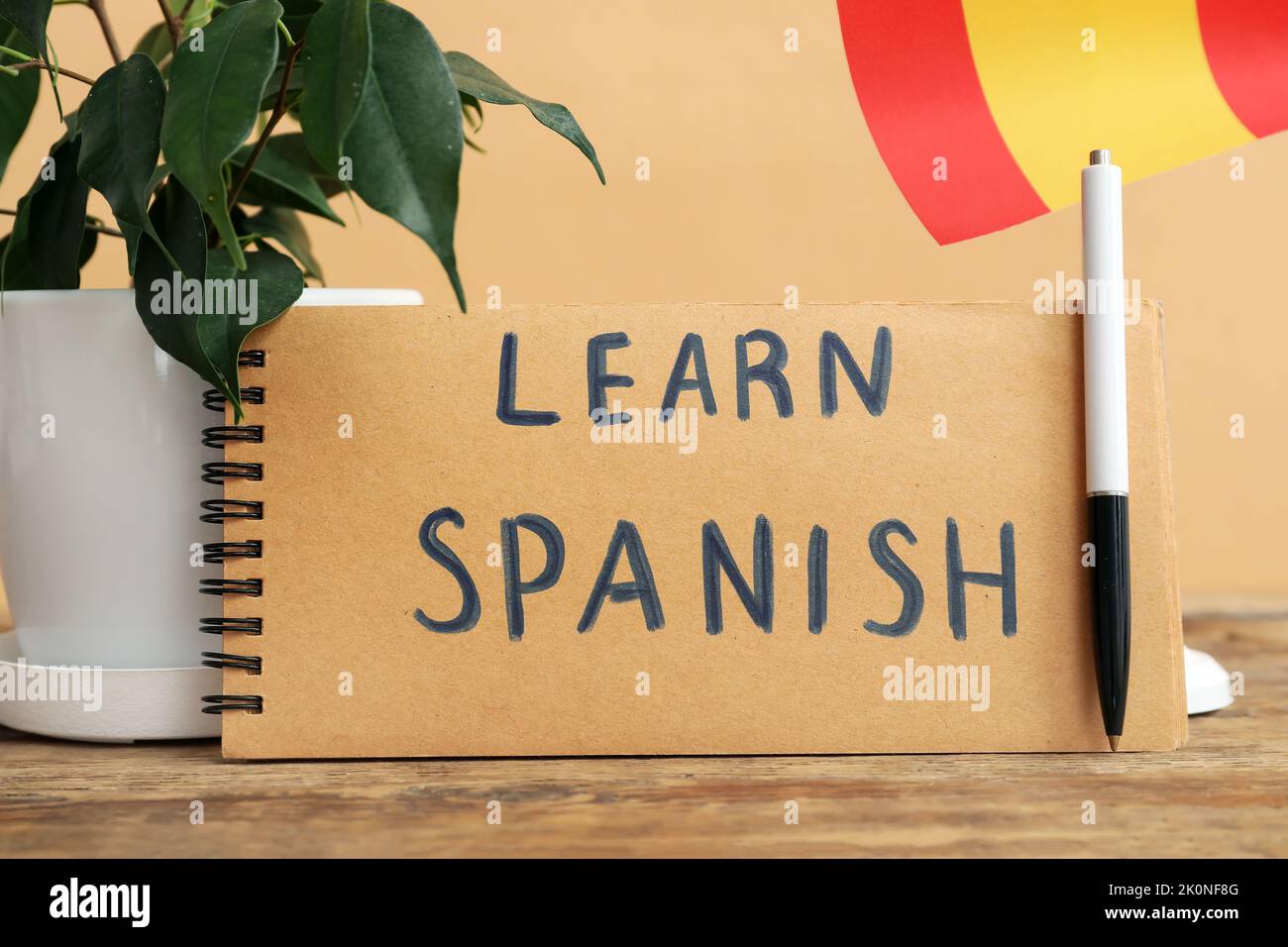 Notebook with text LEARN SPANISH, pen, houseplant and flag on table ...