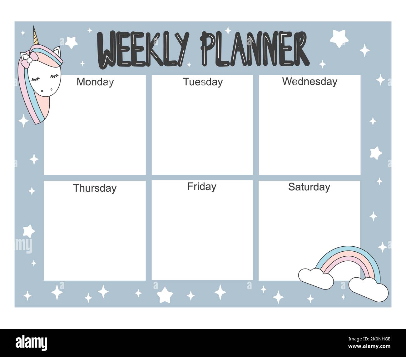 cute weekly planner vector design illustration with cartoon unicorn and ...