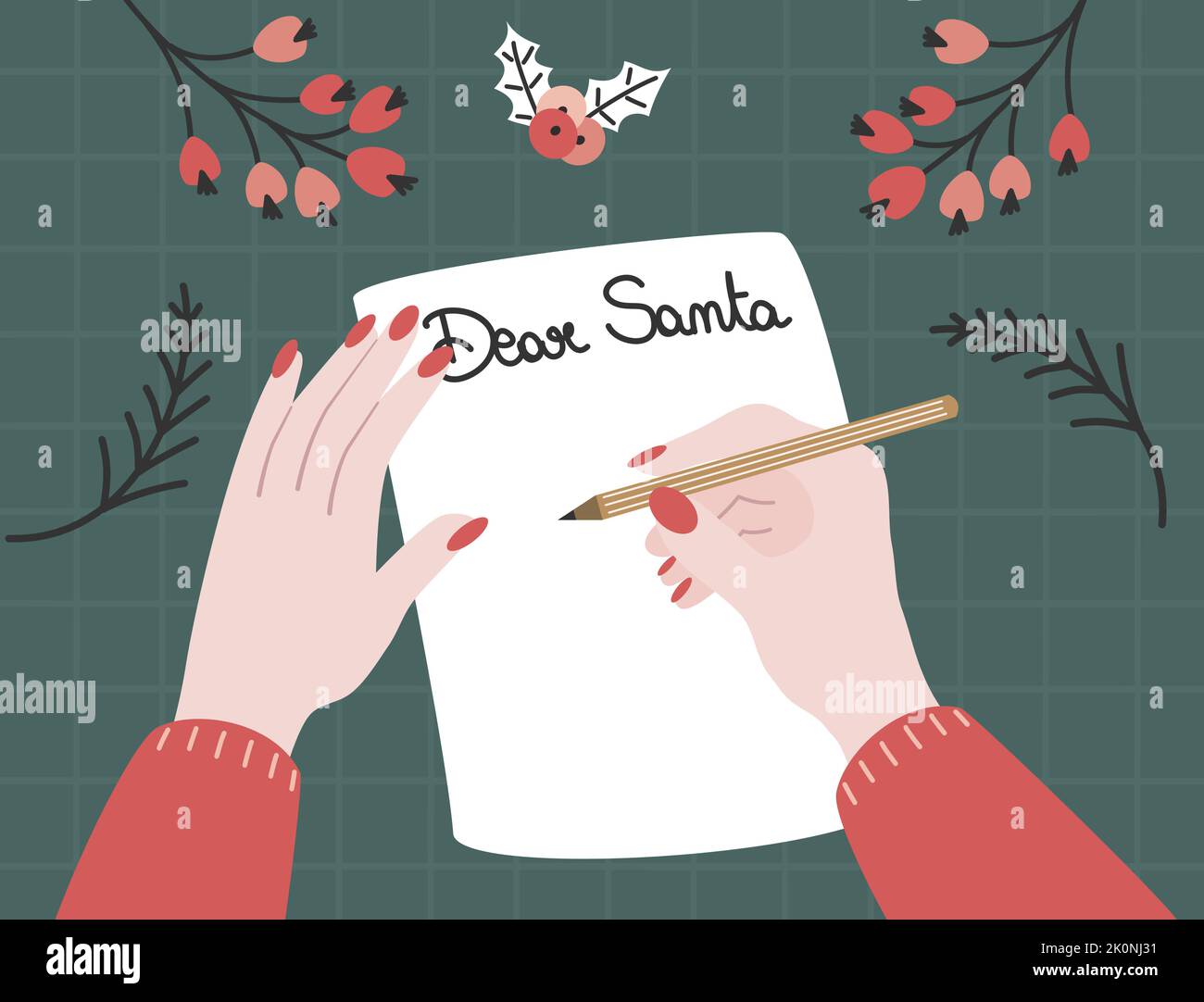 female character hands with pen writing letter to santa claus christmas ...
