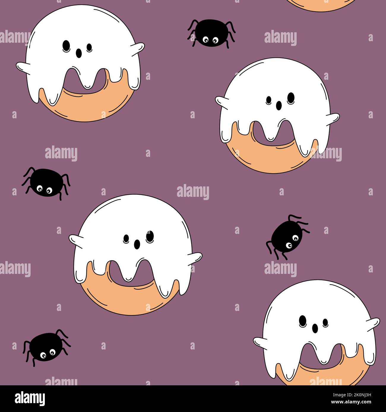 Cute cartoon character donut ghost and spider halloween seamless vector ...