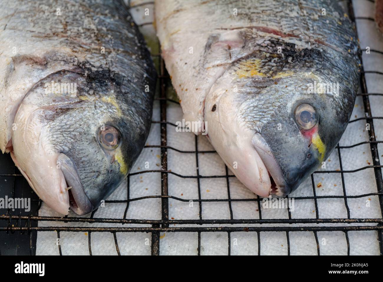 cooking sea fish. Raw dorado fish with spices on bbq mesh Stock Photo ...