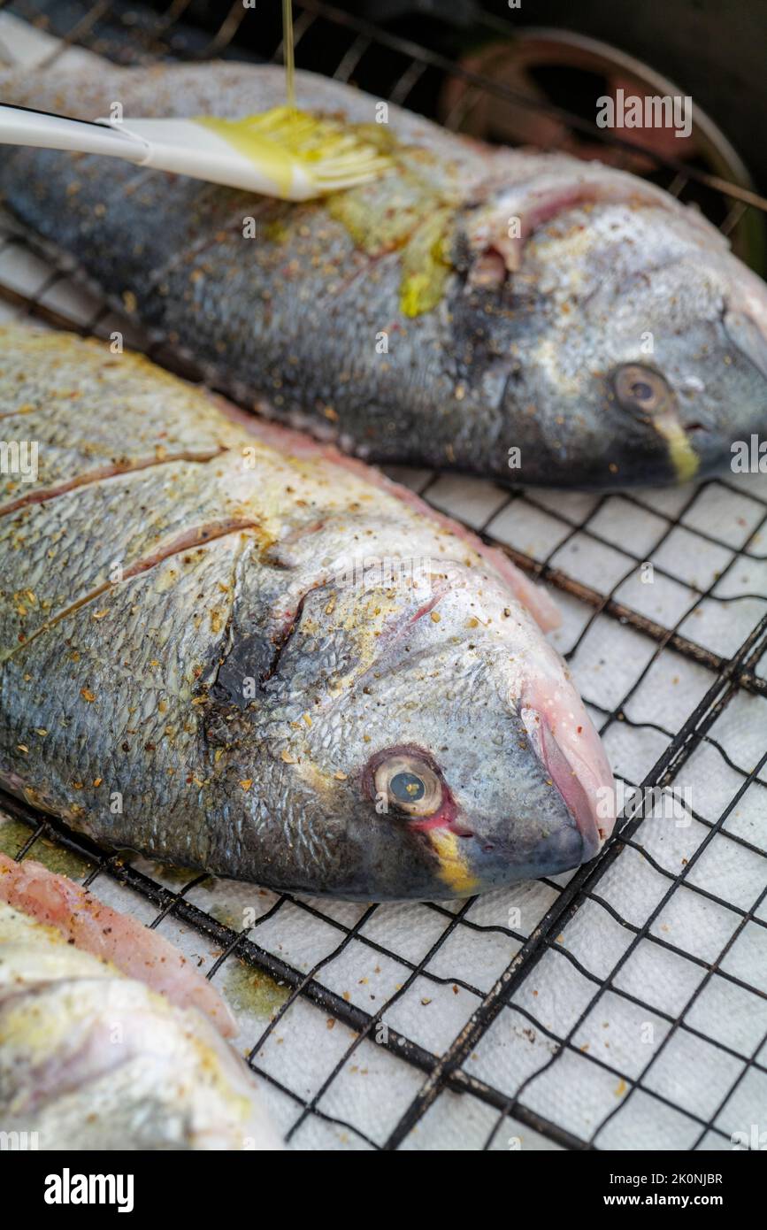 cooking sea fish. Raw dorado fish with spices on bbq mesh Stock Photo ...