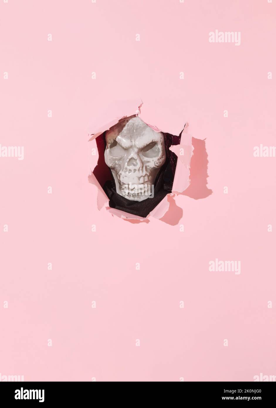 Halloween creative layout made of creepy skull and pastel pink torn ...