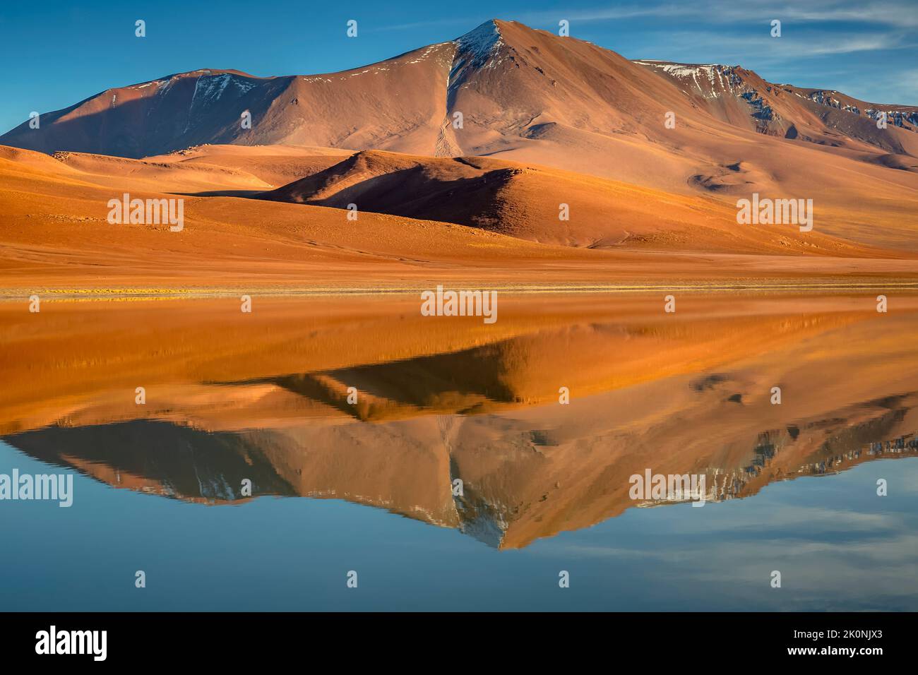 Idyllic Lake Lejia reflection and volcanic landscape in Atacama desert ...