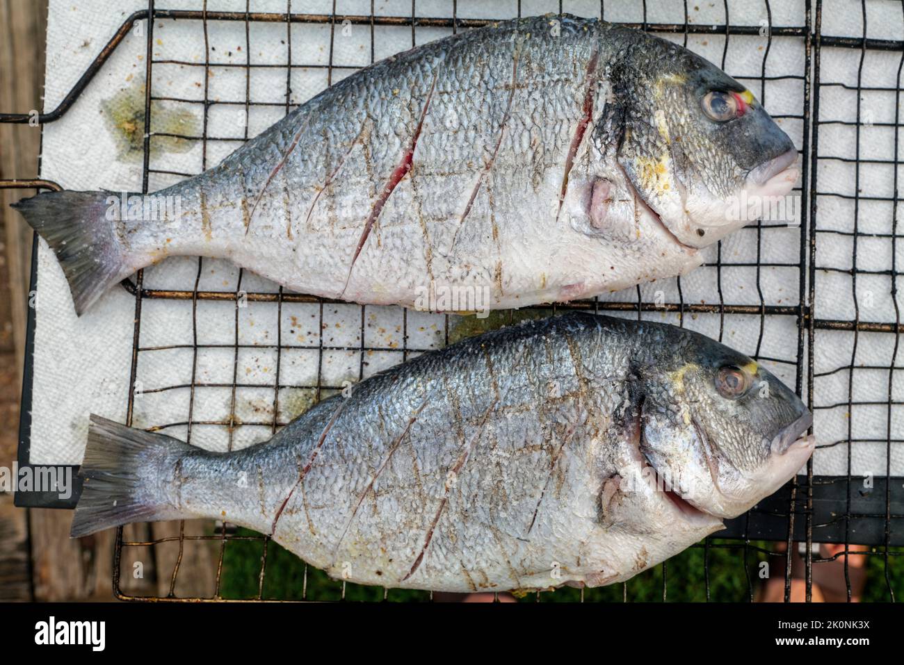 cooking sea fish. Raw dorado fish with spices on bbq mesh Stock Photo ...