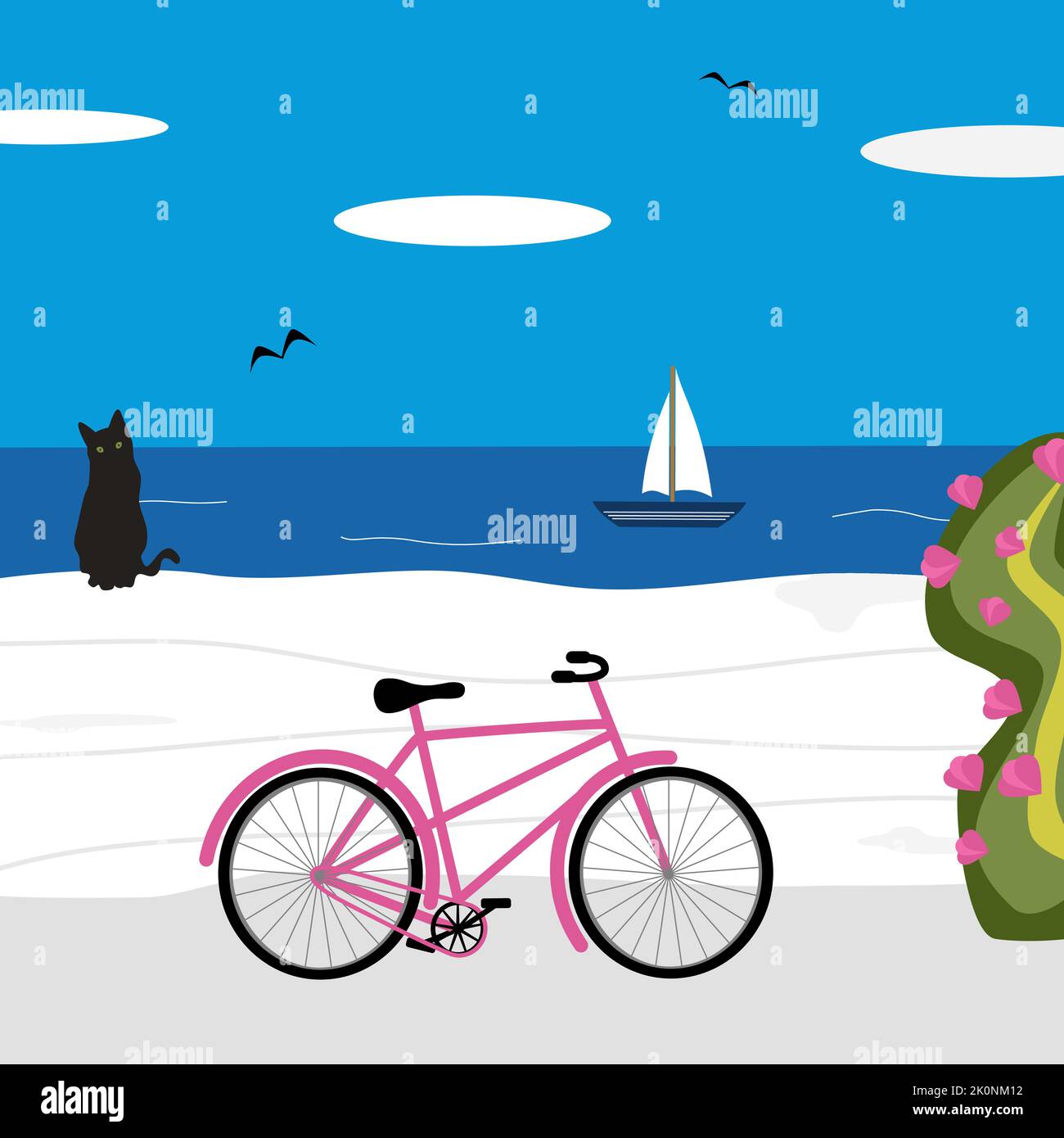 cute cartoon sunny day greek landscape scene with black cat, bicycle ...