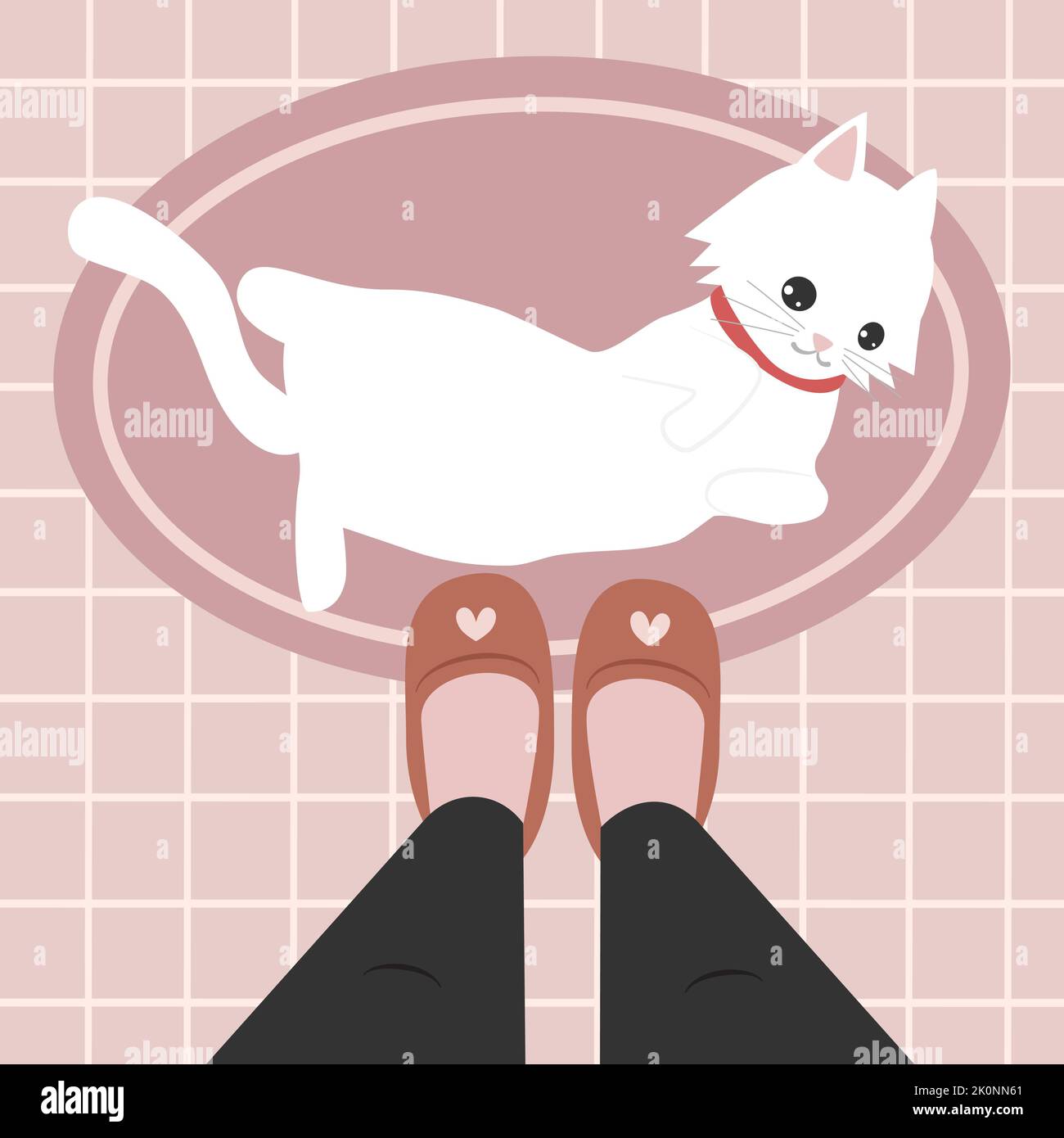cute adorable lovely white cat lying on a mat funny vector illustration ...