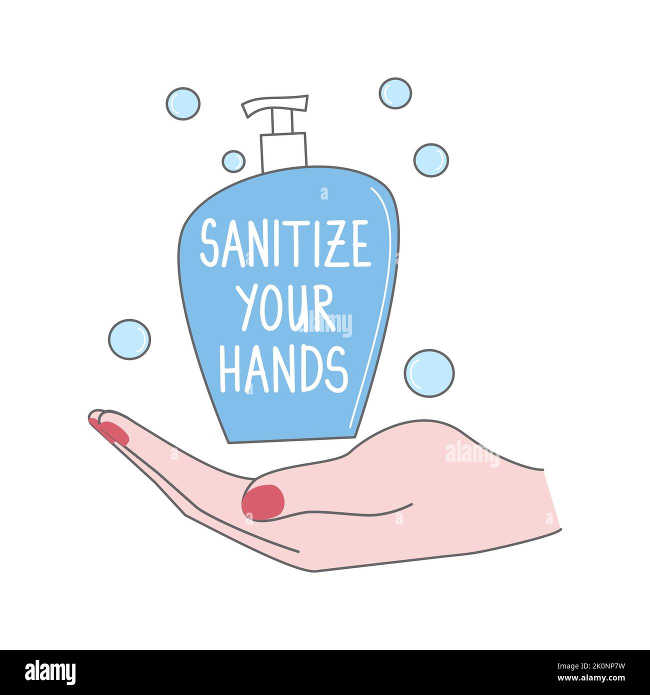 Hand drawn lettering sanitize your hands text on pump bottle. Covid ...