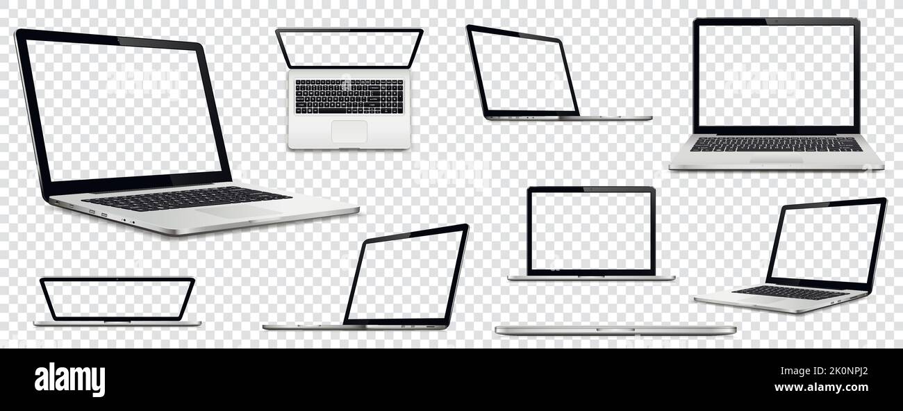 Collection laptop computers with transparent screen on transparent ...