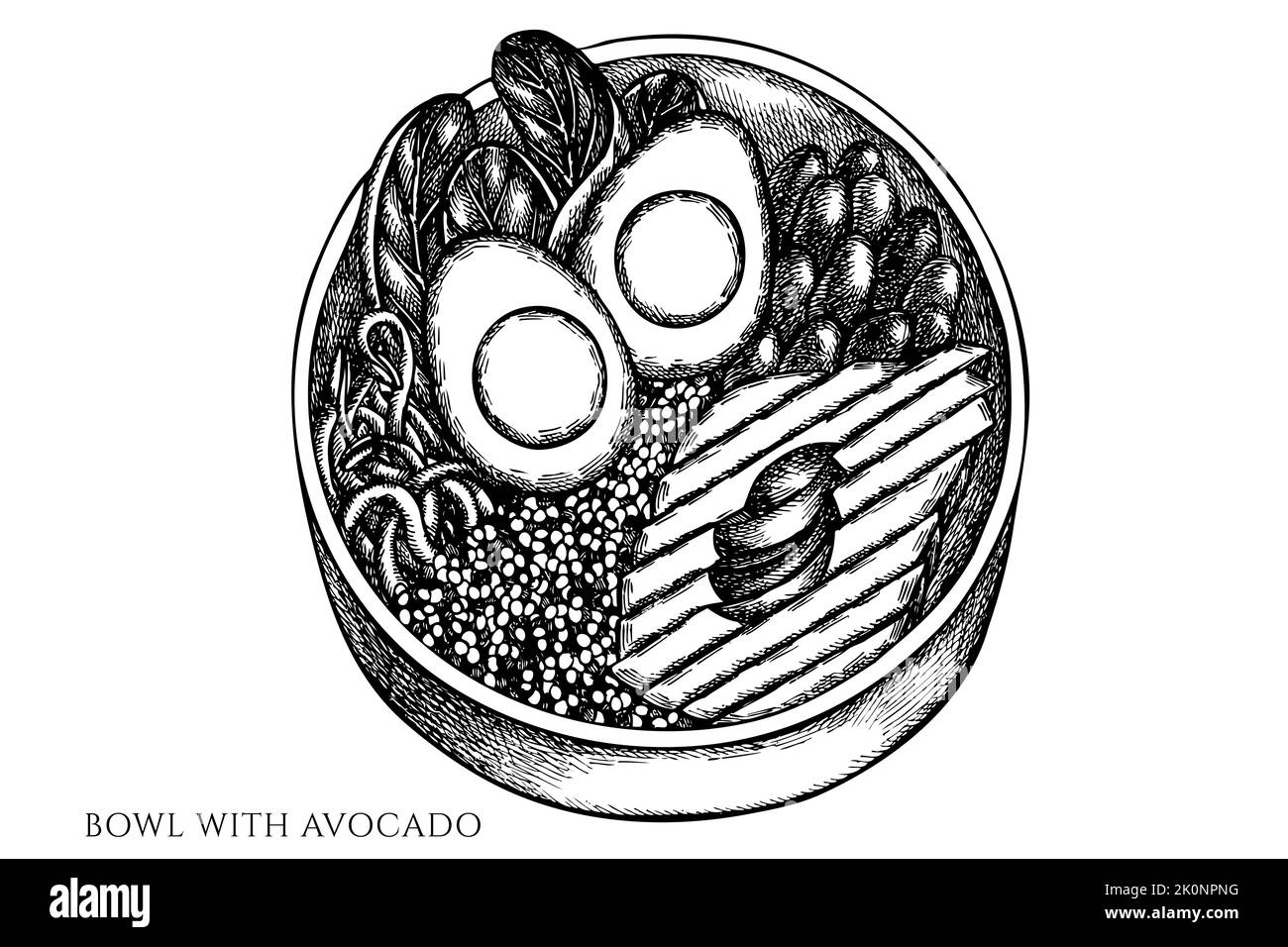 Breakfast vintage vector illustrations collection. Black and white bowl with avocado Stock ...