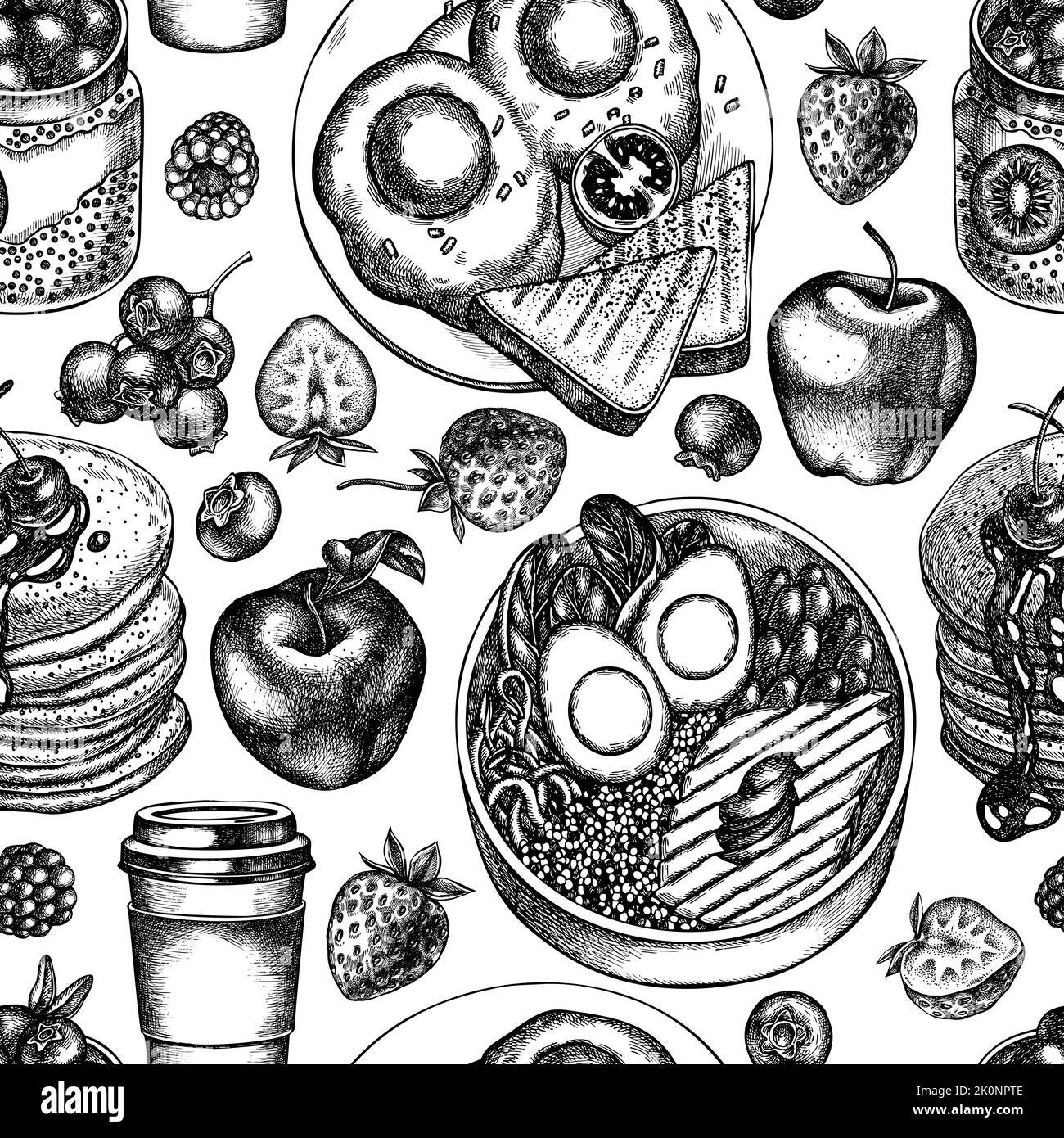 Breakfast seamless pattern background design. Engraved style. Hand ...