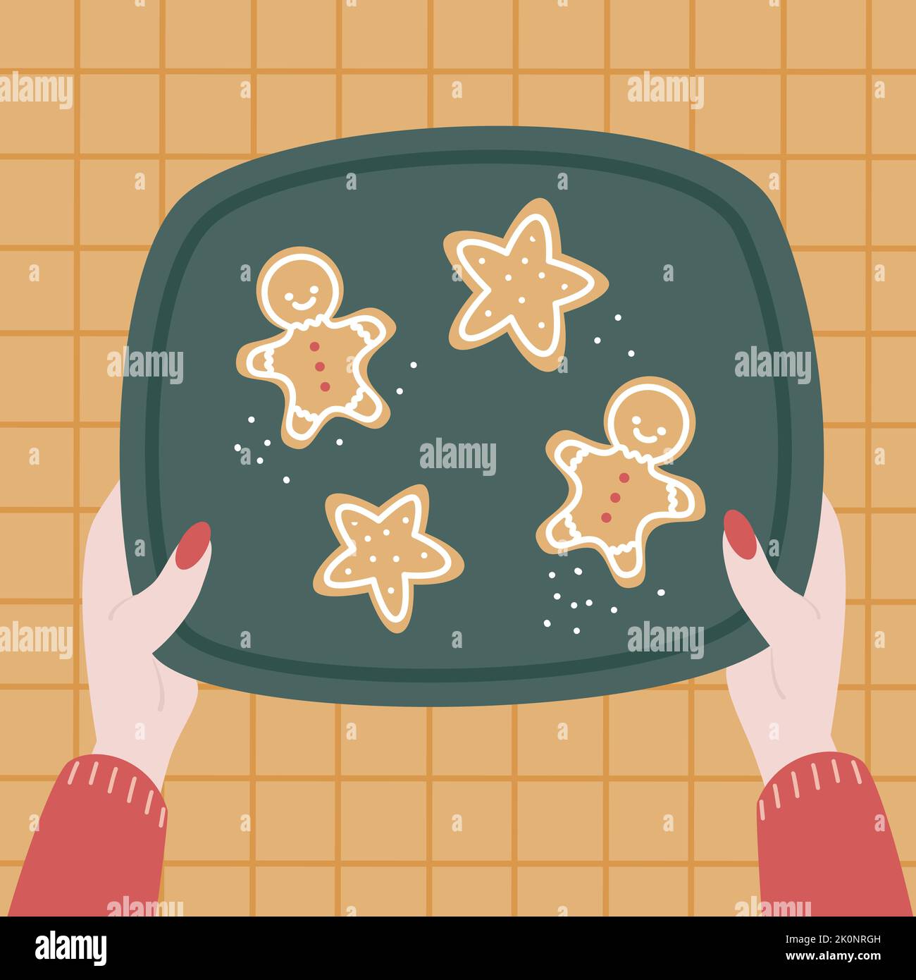 Cute cartoon female hands holding serving tray with christmas ...