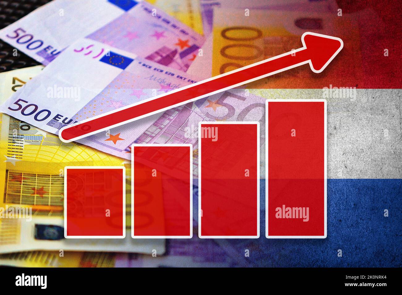 Economy graph: rising arrow, cash euro banknotes and Netherlands flag ...