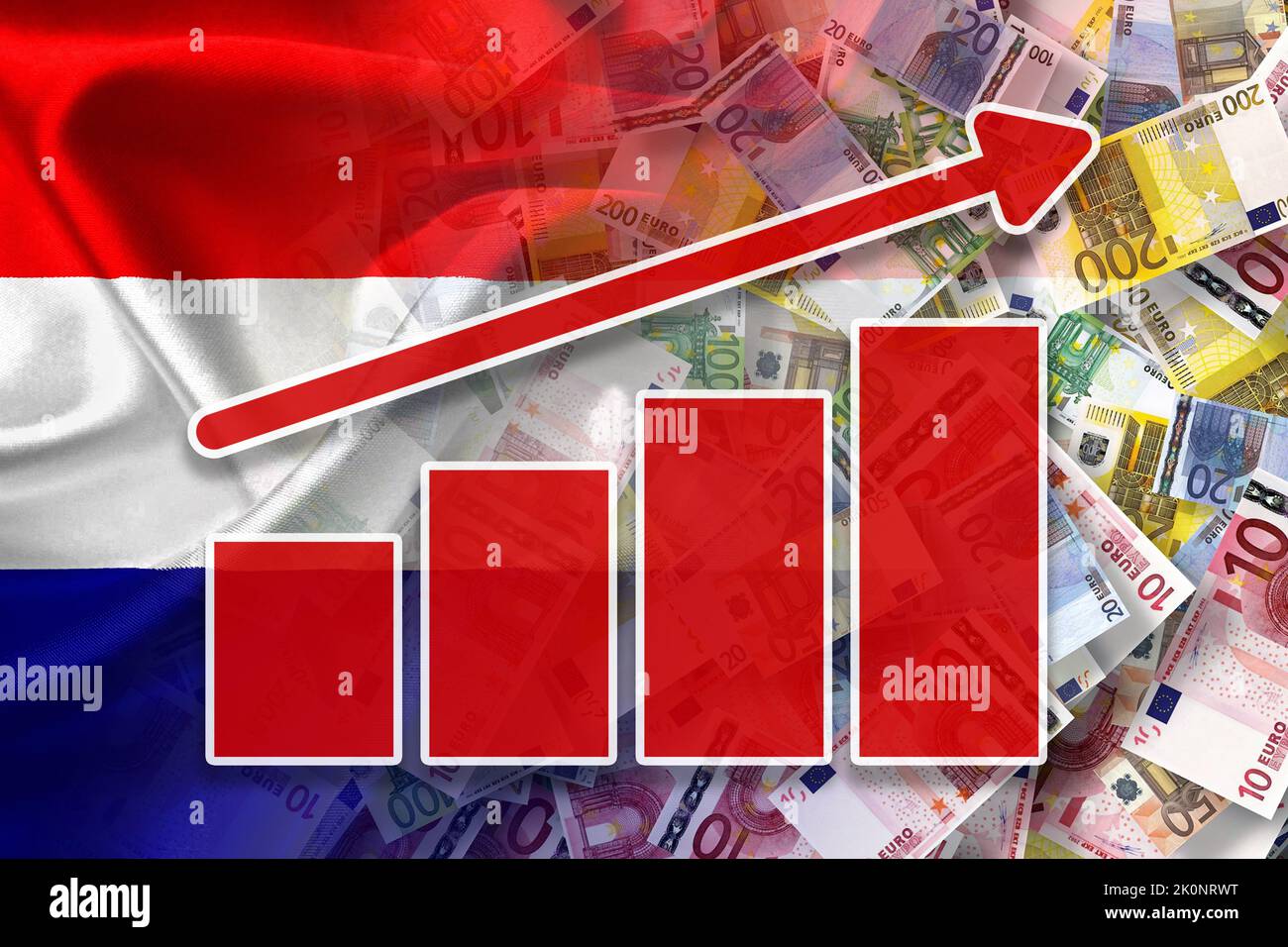 Economy graph: rising arrow, cash euro banknotes and Netherlands flag ...