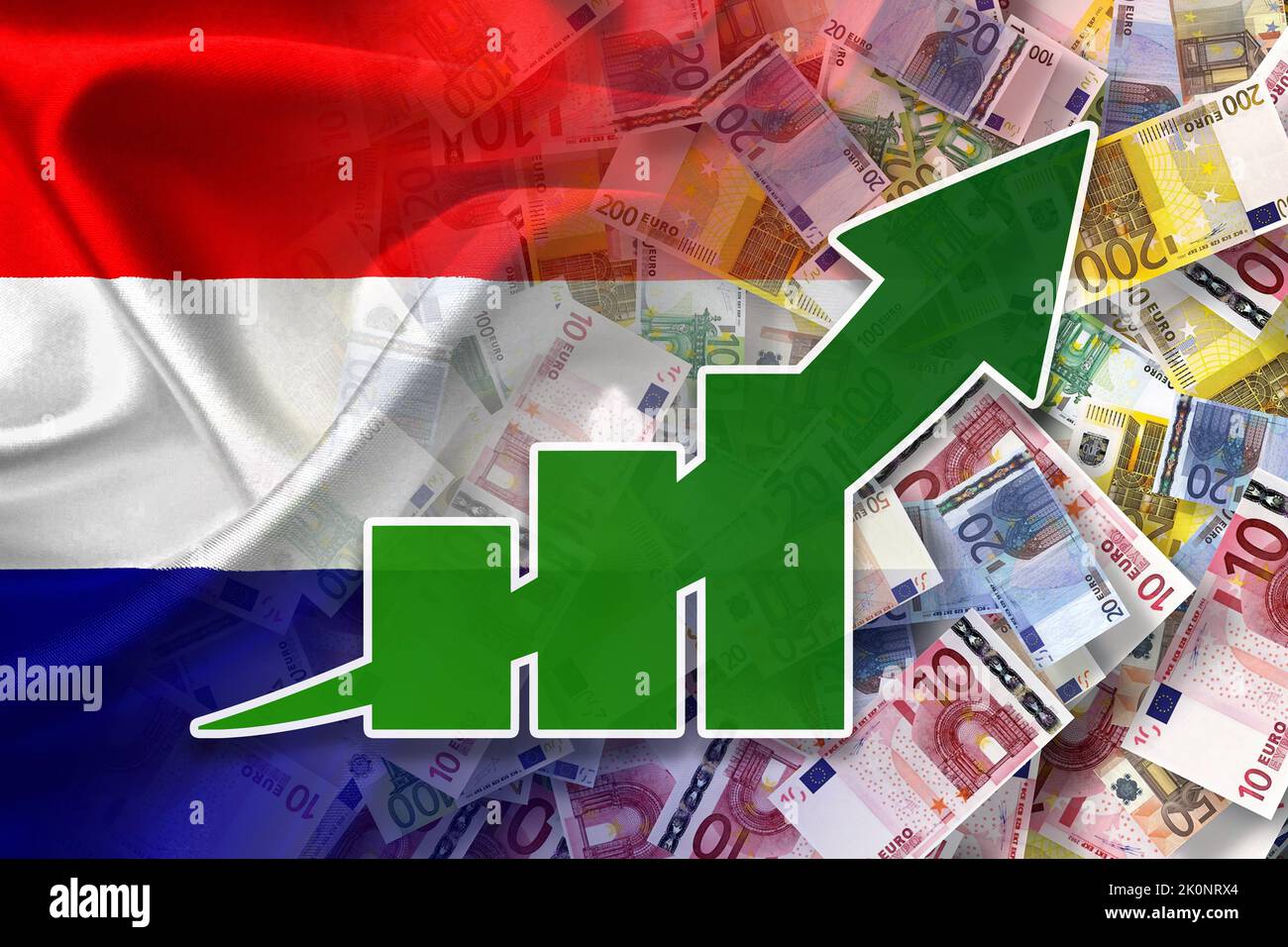 Economy graph: rising arrow, cash euro banknotes and Netherlands flag ...