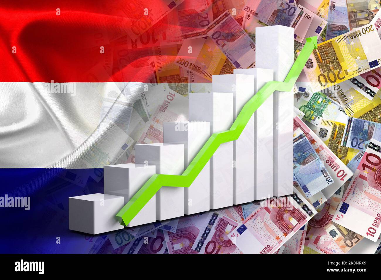 Economy graph: rising arrow, cash euro banknotes and Netherlands flag ...