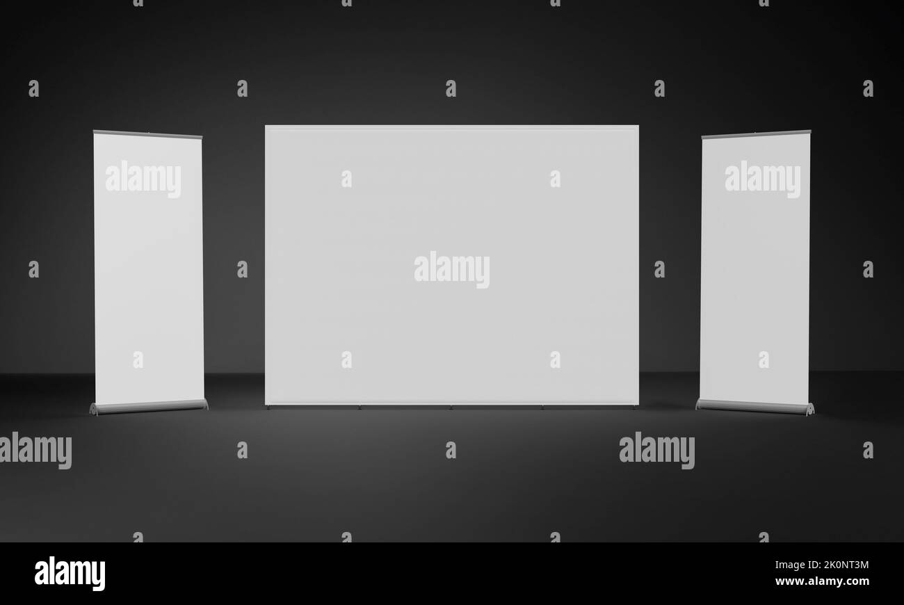 Blank Exhibition Graphic Wall Banner scene with Roll Up Banners on each ...