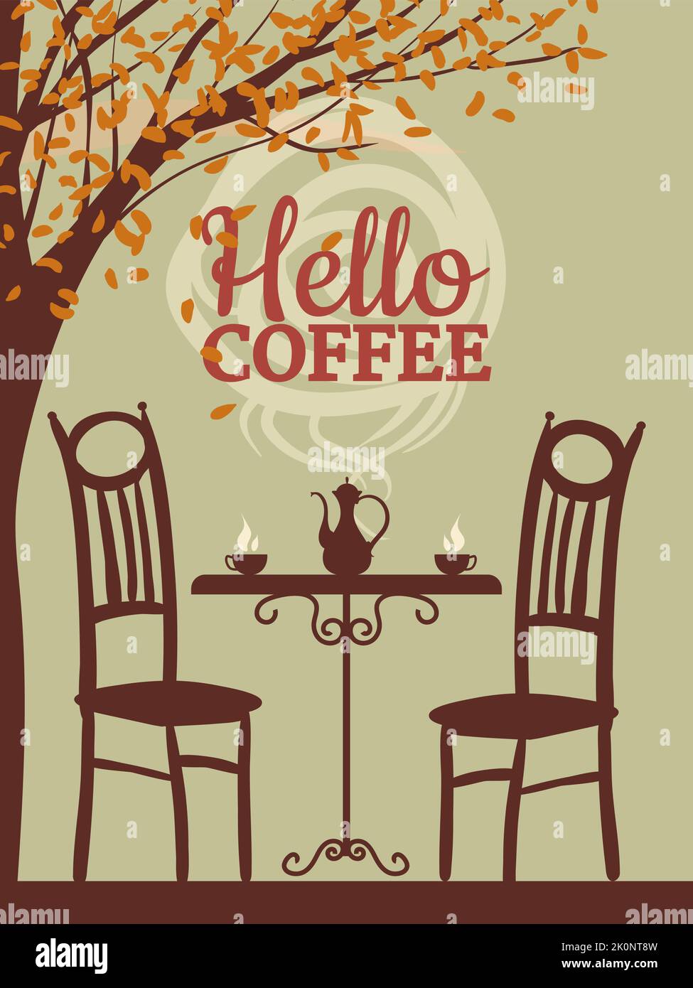 Poster Hello Coffee street cafe, outdoor, tree, fall mood, night Stock ...