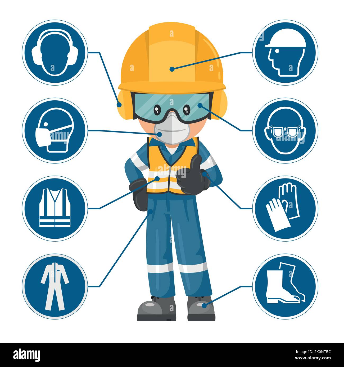 Industrial worker with personal protective equipment and icons, safety pictograms. Industrial ...