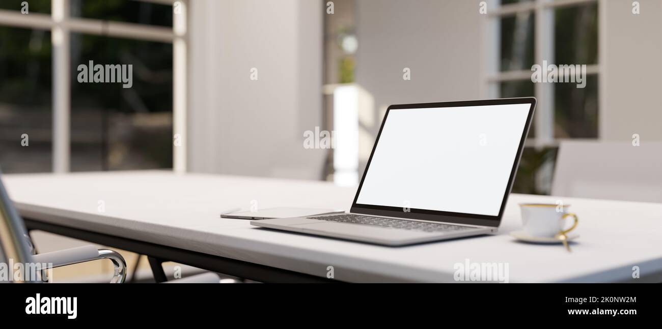 Modern Office Workspace With Notebook Laptop Computer White Screen