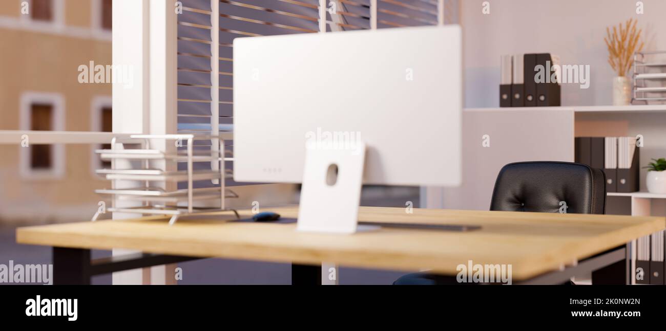 Minimal office room with workstation, pc computer and office supplies ...