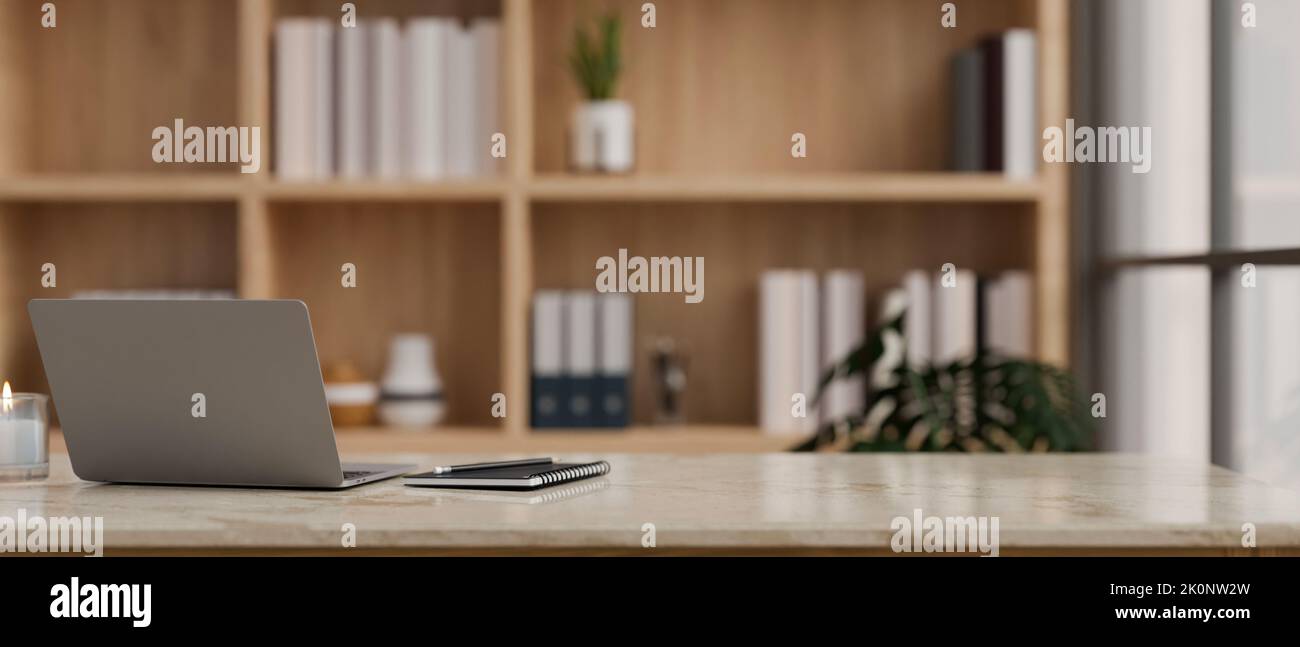 Close-up, Modern urban office workspace, Laptop computer, stationery ...