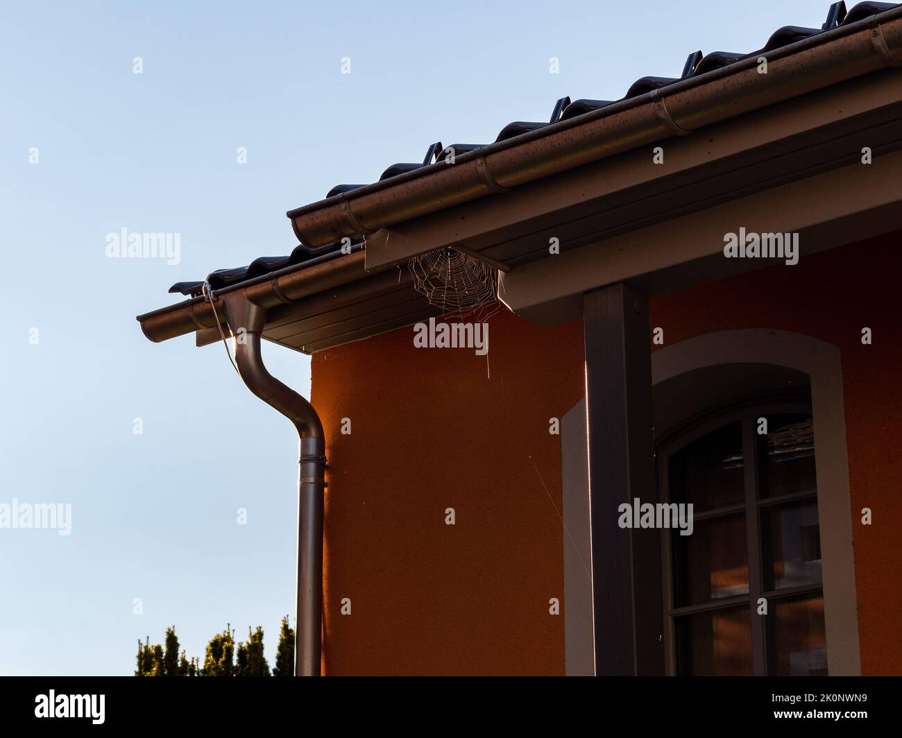 Spider web under the rooftop of a building exterior. Sunset light is illuminating the thin ...