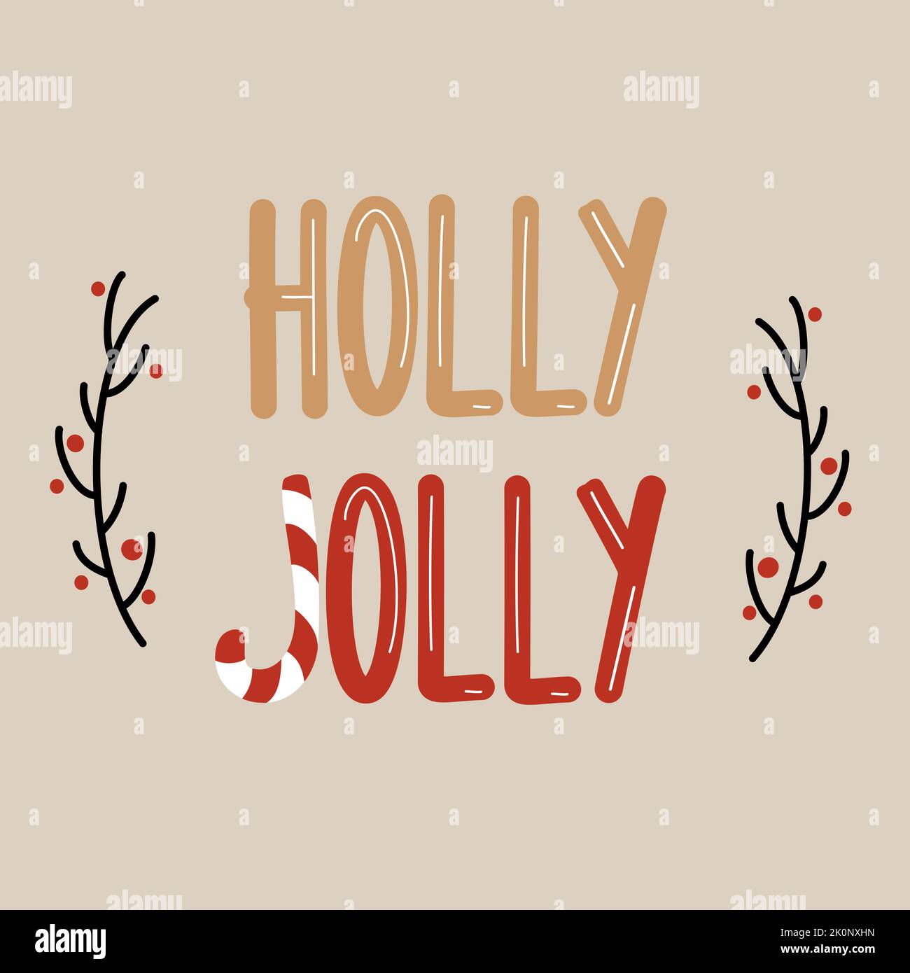 Cute hand drawn lettering holly jolly text christmas vector card ...