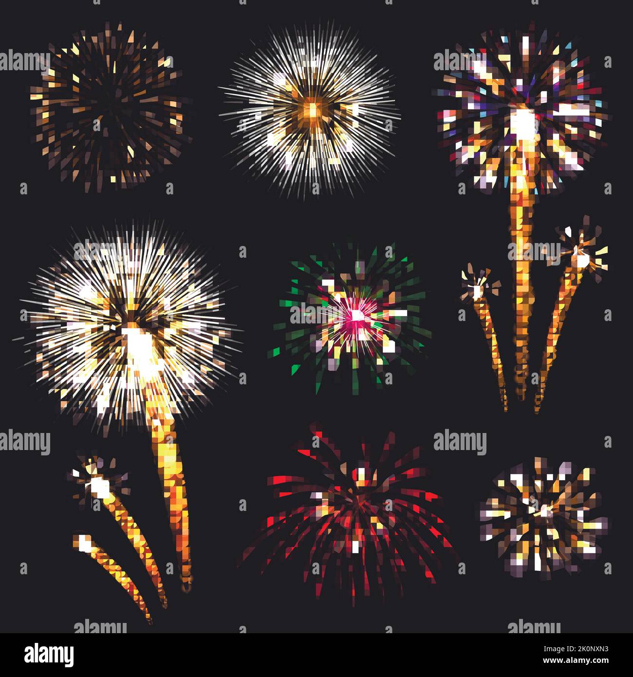 Set of realistic fireworks on a dark background. Vector illustration ...