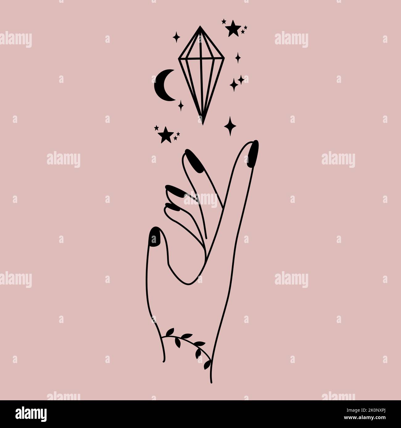 Cute hand drawn ornate doodle hand with moon, stars and diamonds in ...