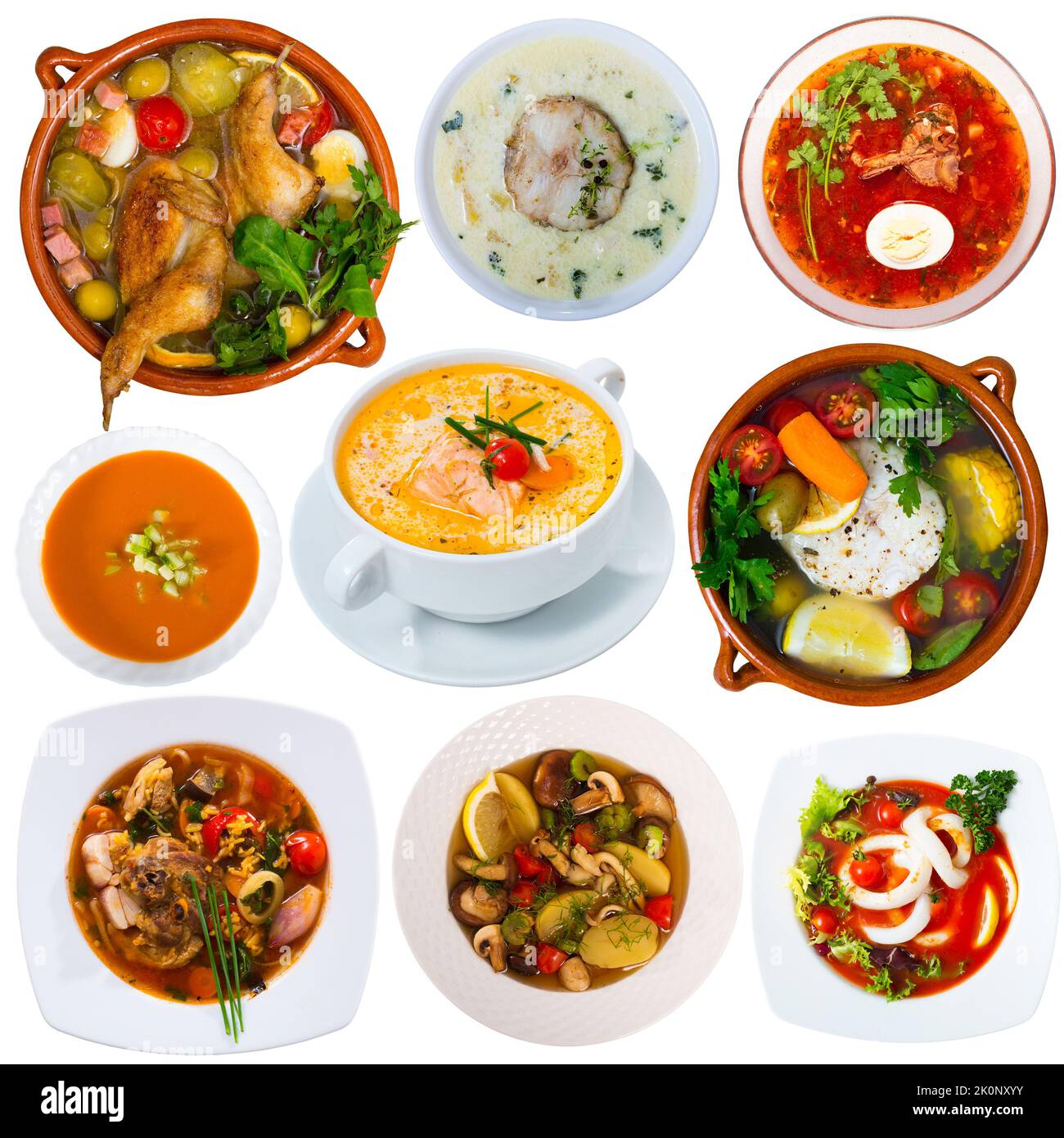 Collection of soups on white background Stock Photo - Alamy