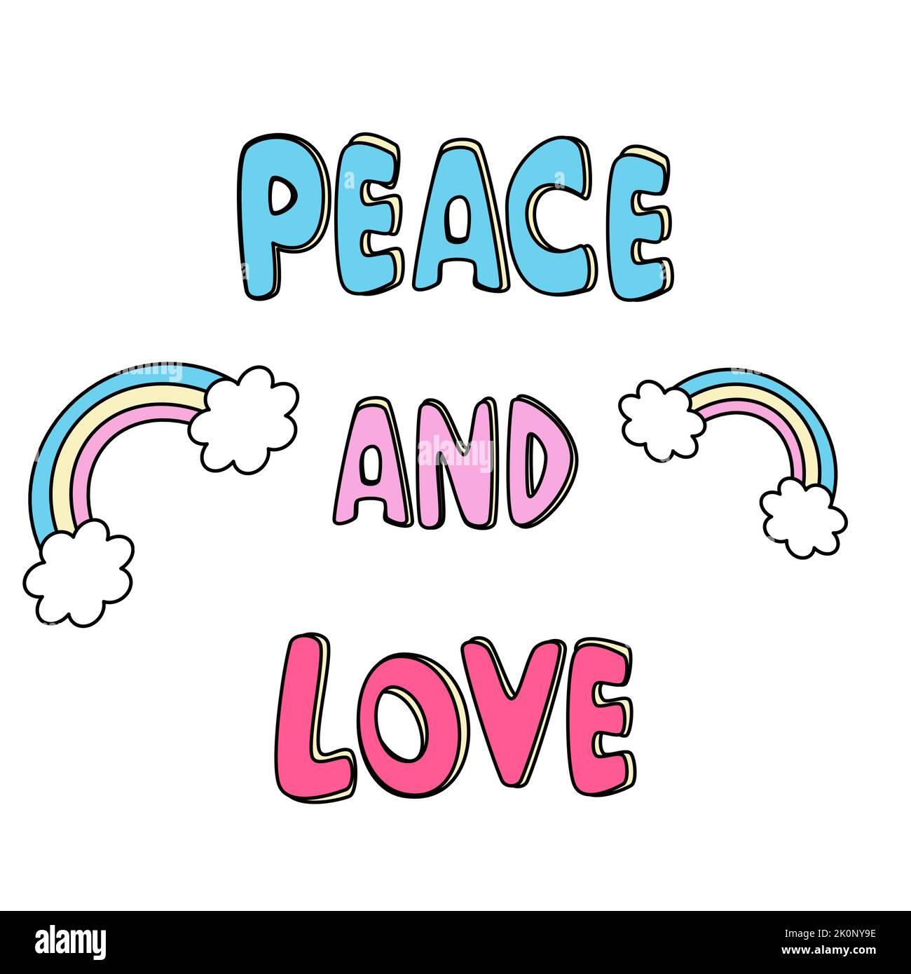 Cute colourful cartoon hand drawn lettering Peace and love ...