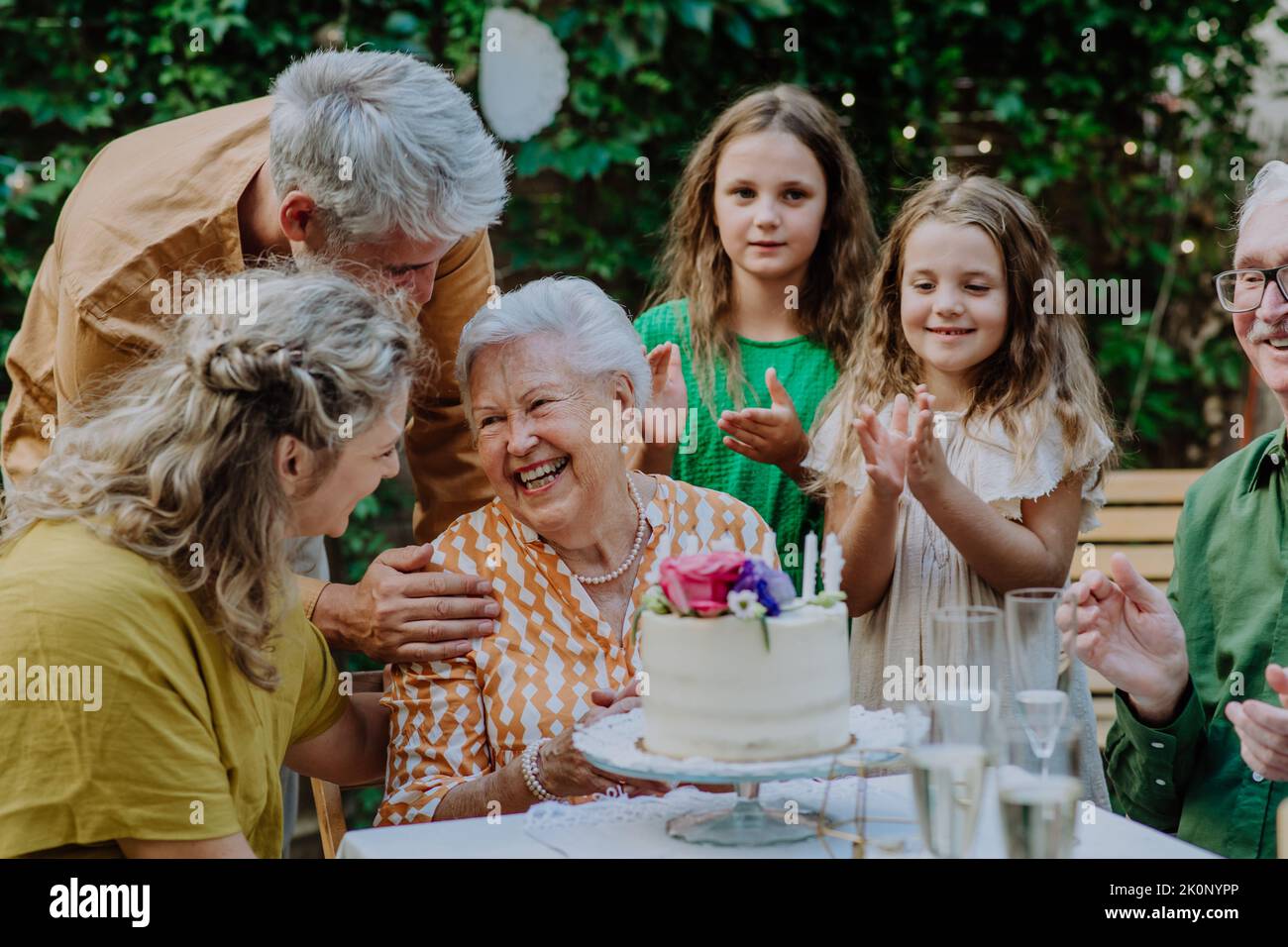 Multi-generation family on outdoor summer garden party, celebrating ...