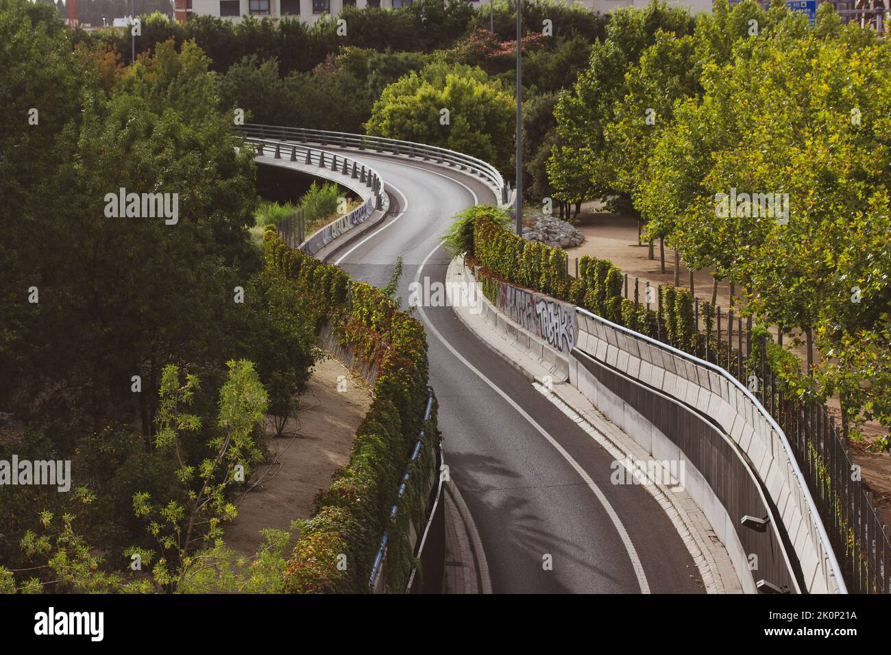 A long winding paved empty road goes into a distance among green trees ...