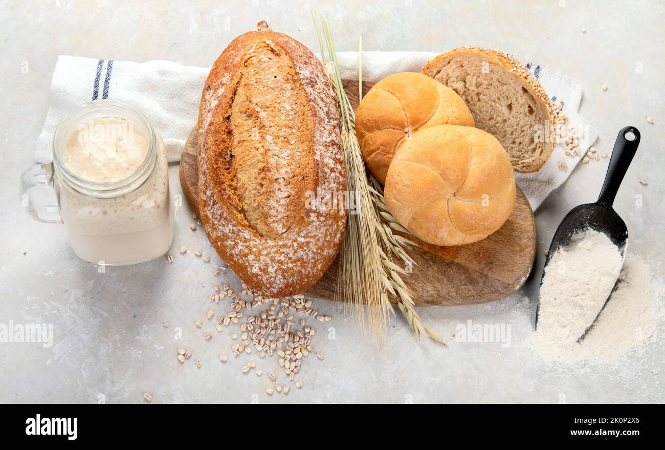 Bread assortment on neutral background. Fresh homemade pastry. Top view ...