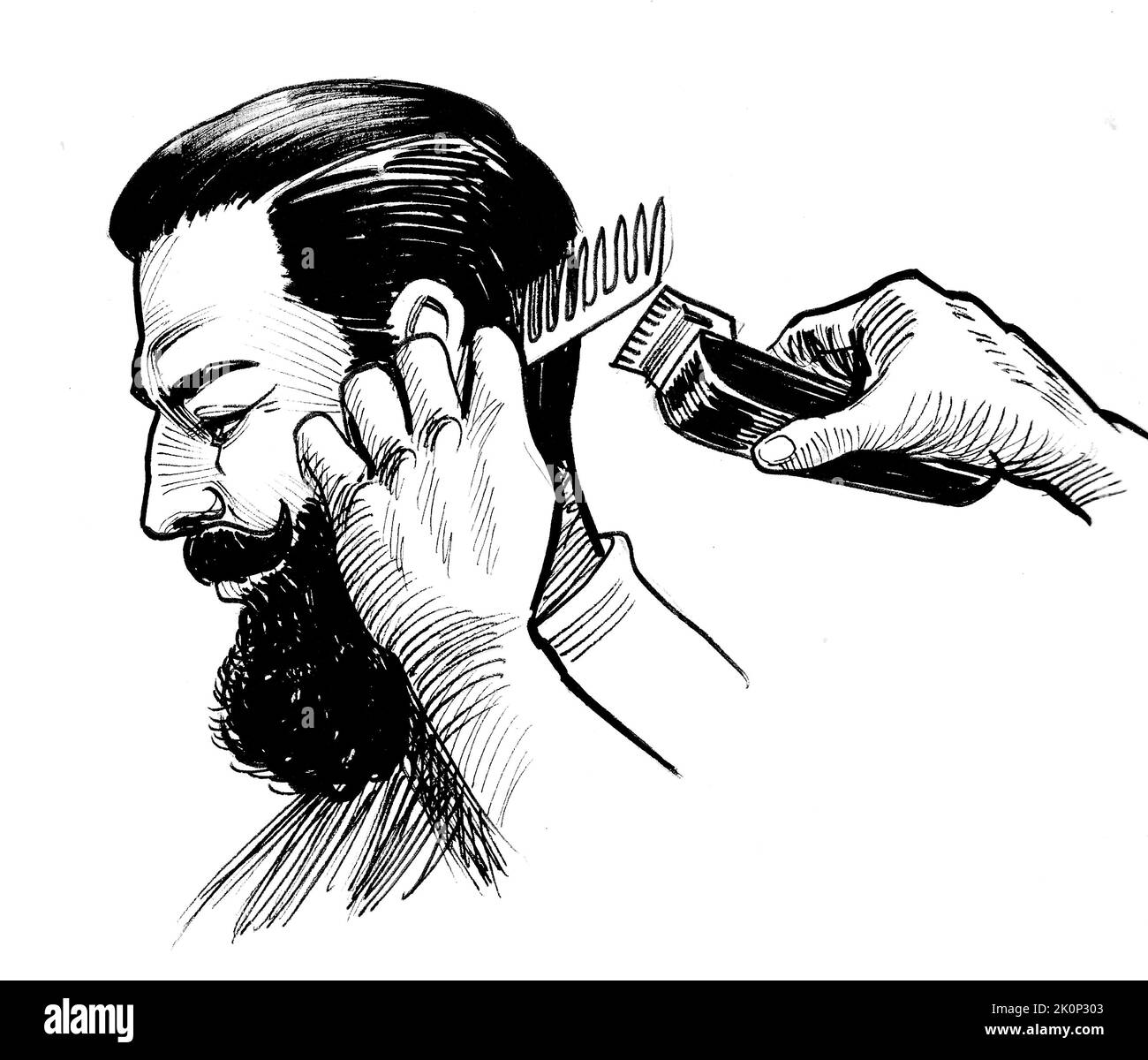 Bearded man and barbers hands. Ink black and white drawing Stock Photo ...