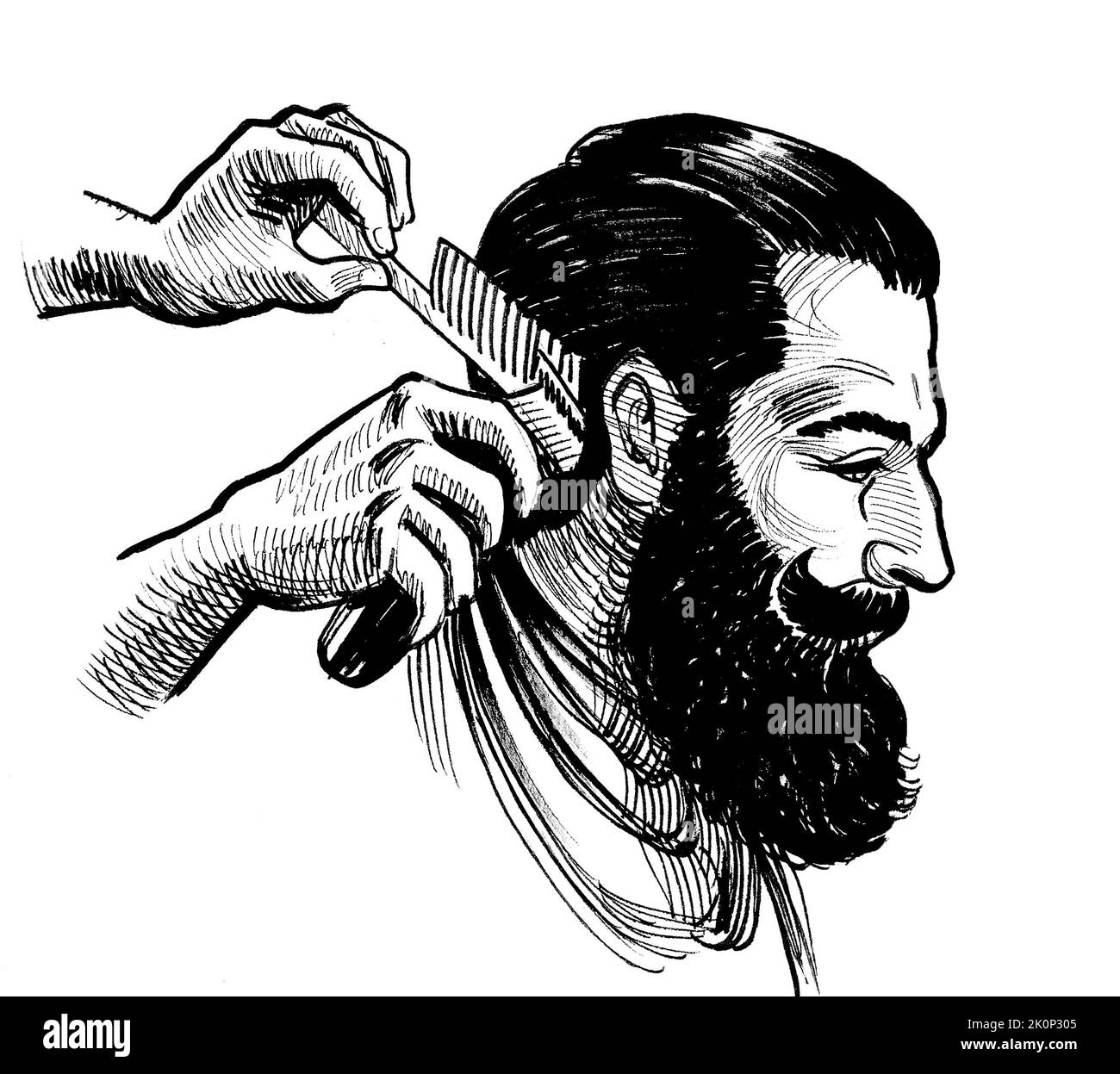 Barbers hands and bearded man. Ink black and white drawing Stock Photo ...
