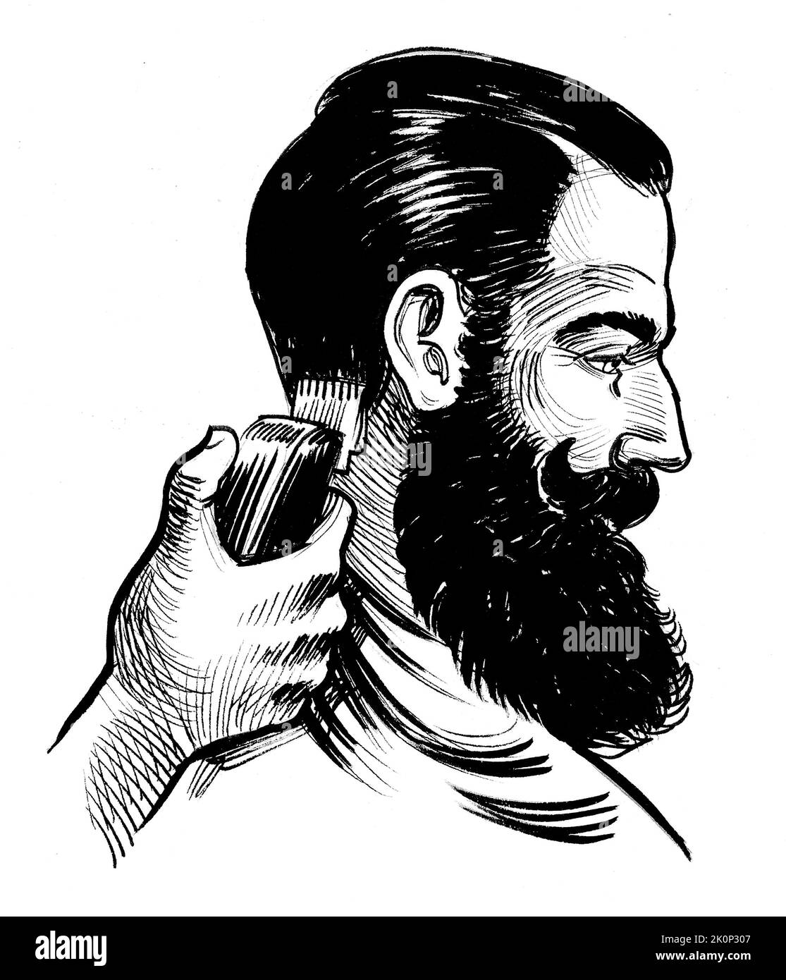 Bearded man and hand with shaving machine. Ink black and white drawing ...