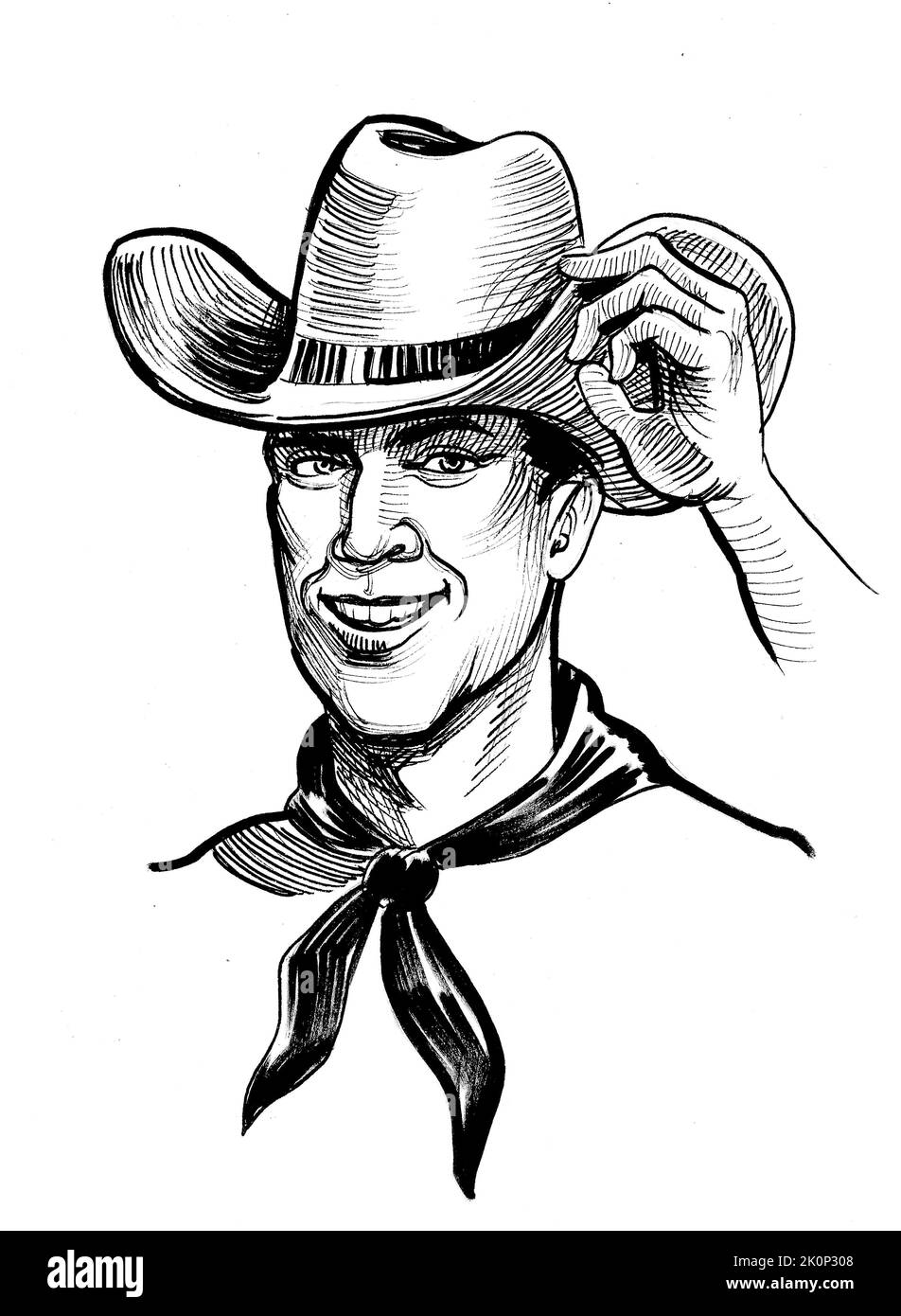 Happy smiling cowboy in hat. Ink black and white drawing Stock Photo ...