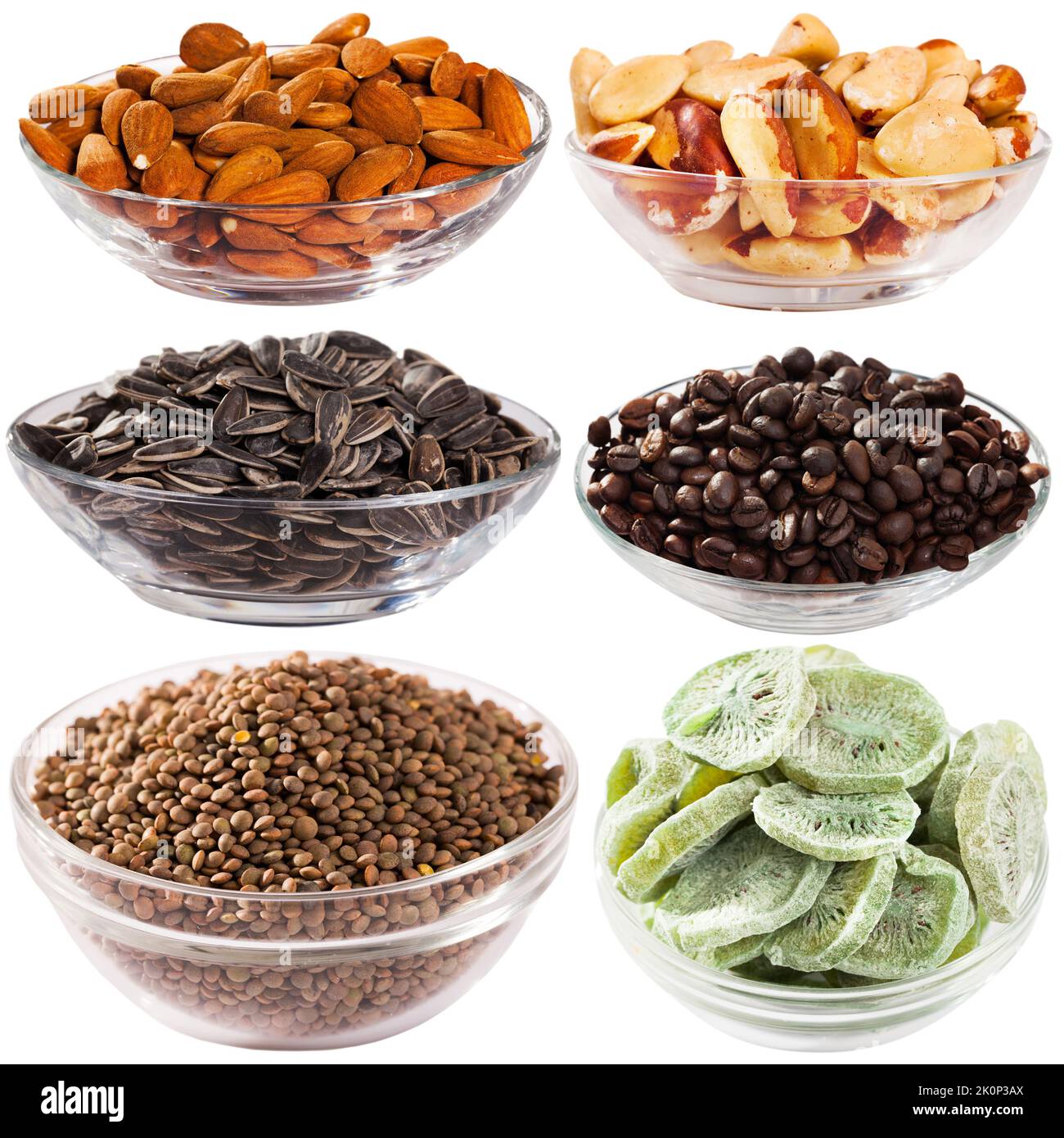 Plates with diffirent dried and bulk products isolated on white ...