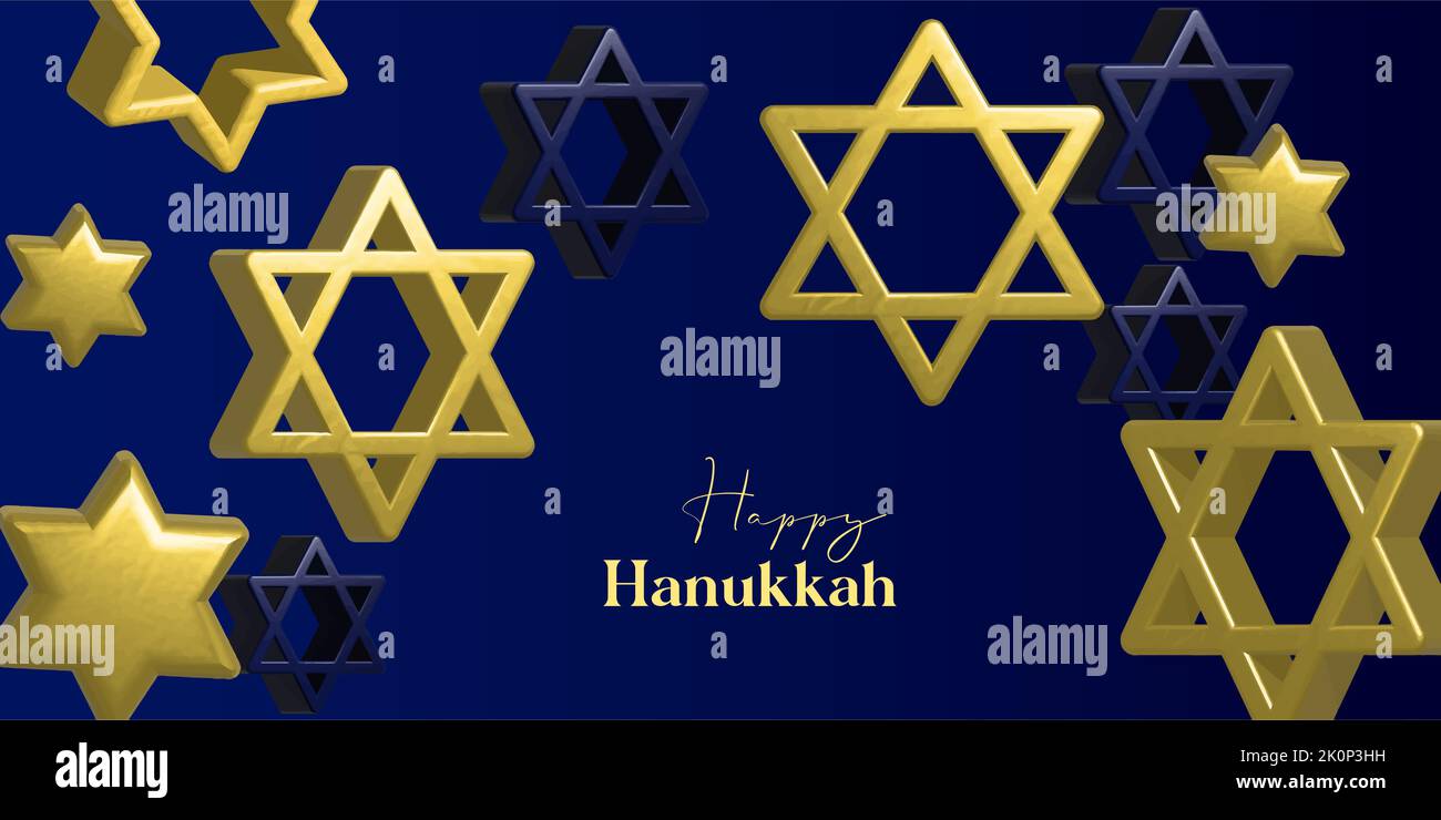Happy Hanukkah card design with gold symbols on blue color background ...