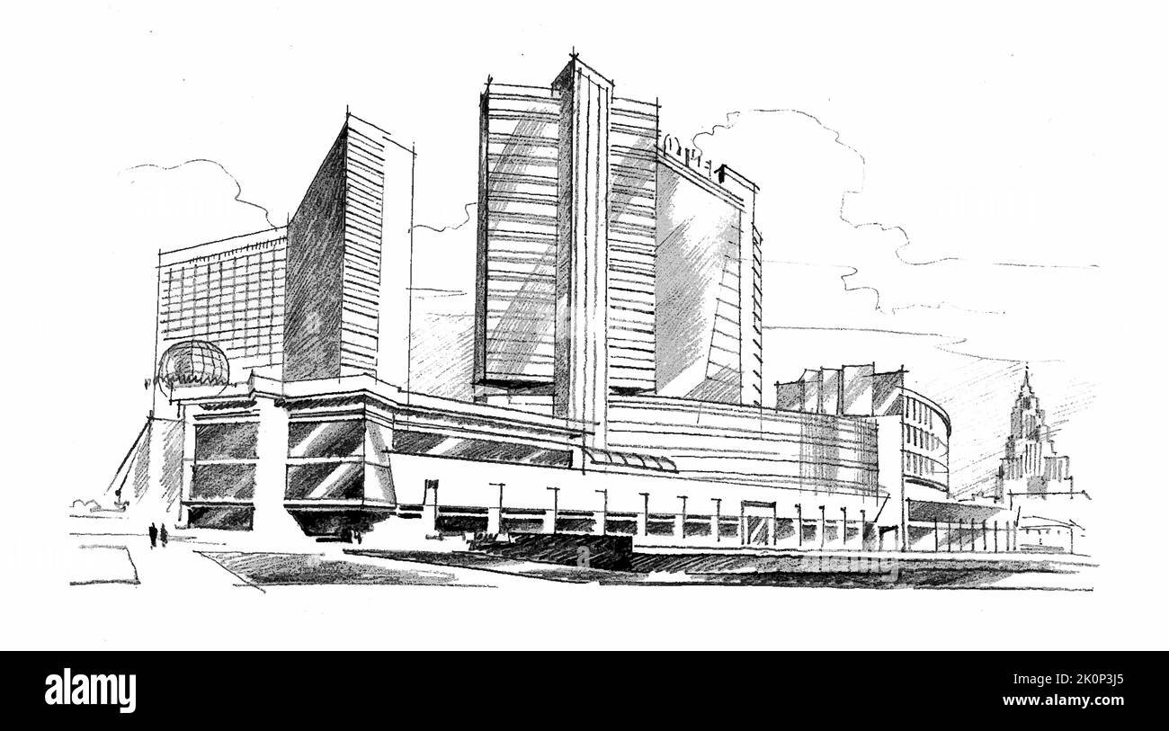Russia, Moscow. Architectural sketch of a multistory buildings ...