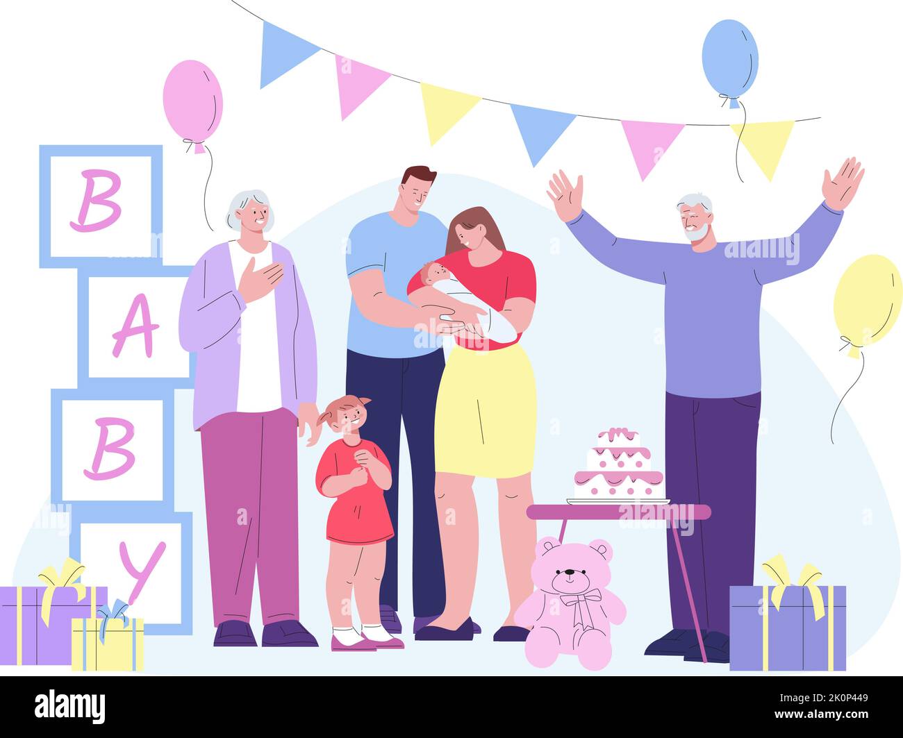 Family newborn party scene. Congratulations mom, woman holding baby ...