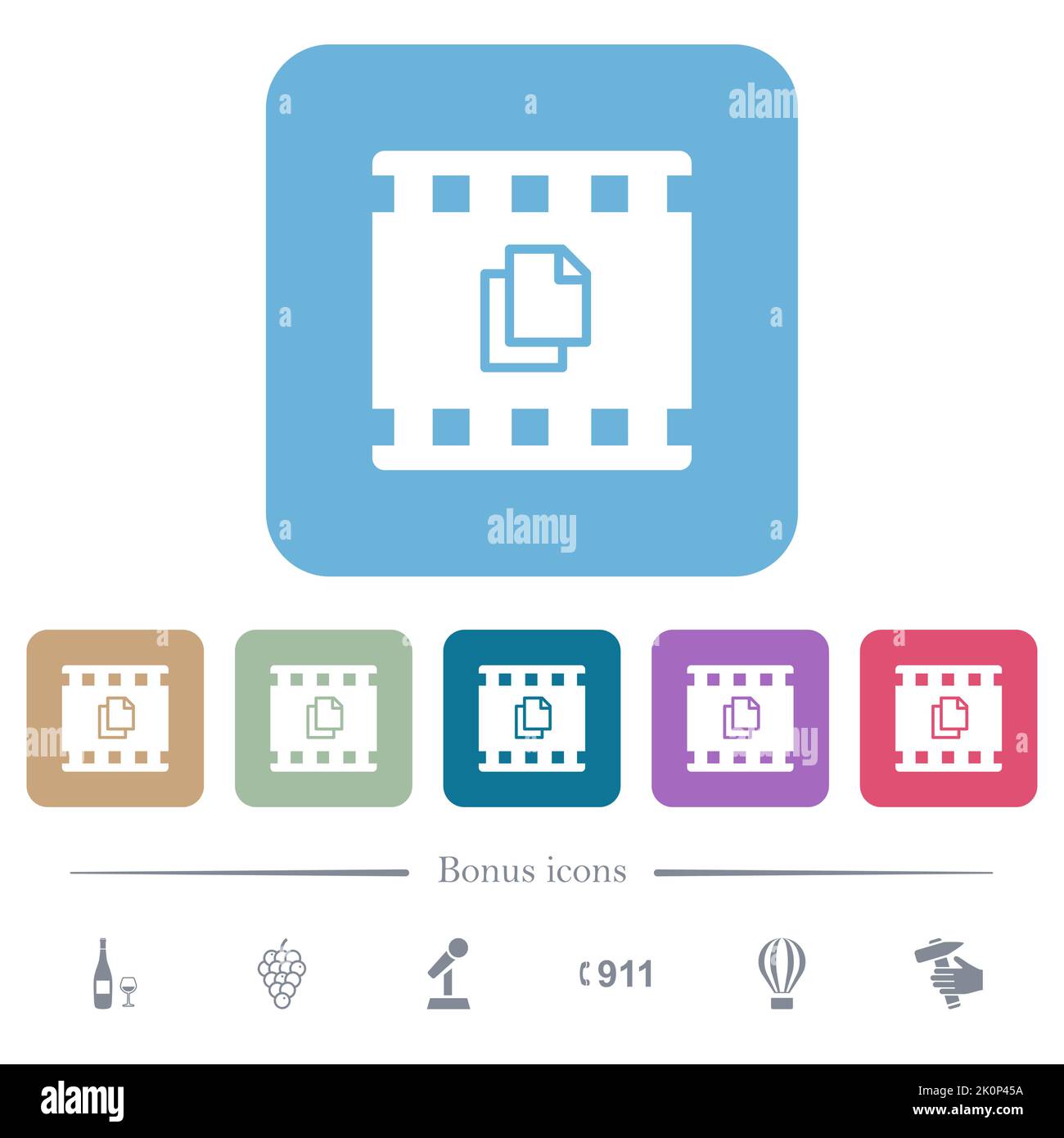 Copy movie white flat icons on color rounded square backgrounds. 6 ...