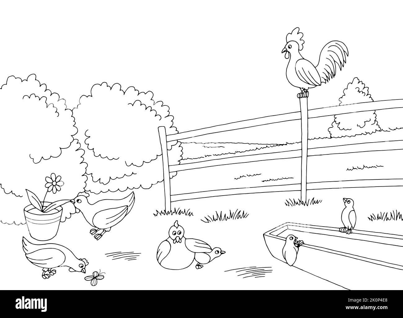 Funny chicken hen farm bird yard graphic black white landscape sketch ...
