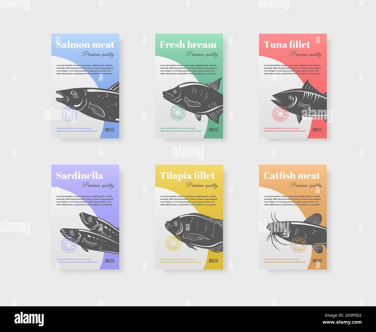 Fish package label. Fresh fishes packaging branding cards, natural food ...