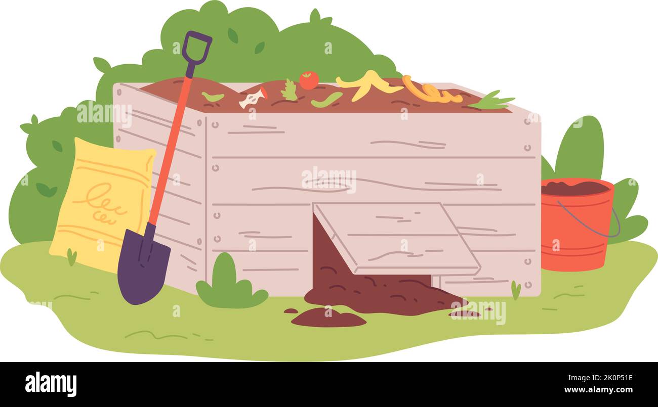 Compost box. Humus organic material in wood bin, decomposition ...
