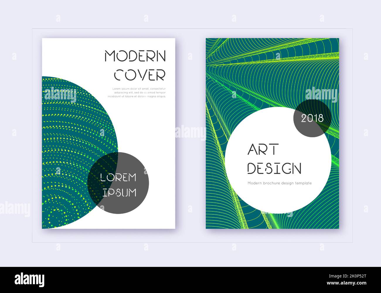 Trendy cover design template set. Green abstract lines on dark ...