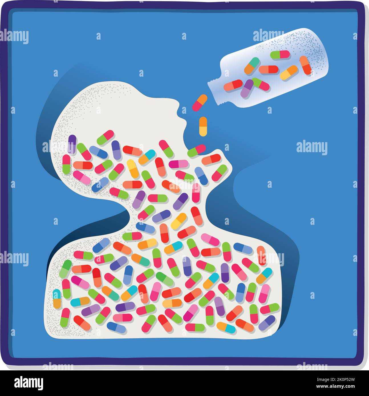Abusing medicines, schematic illustration of human figure swallowing ...