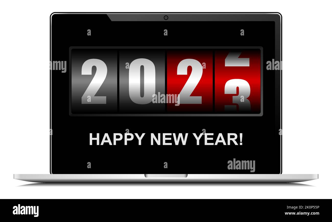 Happy new year 2023 vector illustration with counter on notebook screen ...
